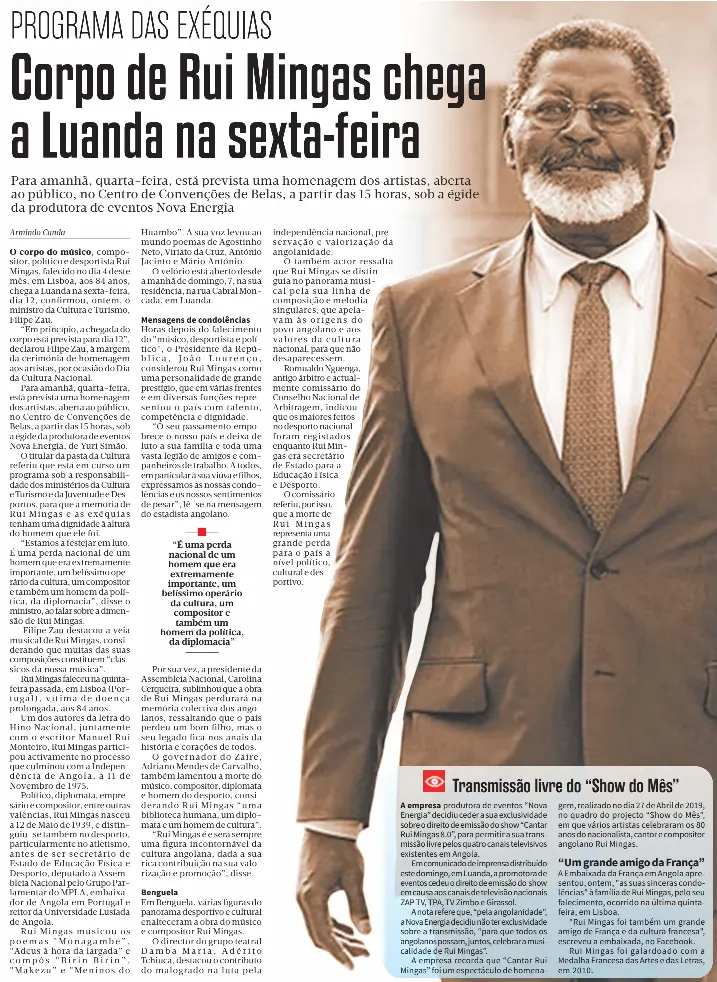 Corpo de Rui Mingas chega a Luanda na sexta-feira - PressReader