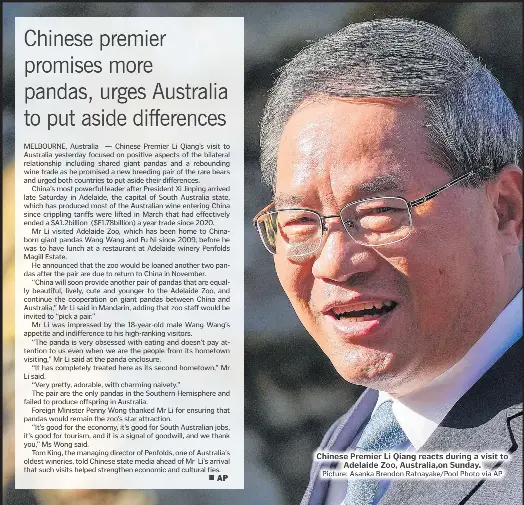 Chinese premier promises more pandas, urges Australia to put aside difference­s - PressReader
