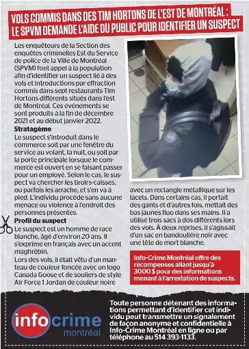 : VOLS COMMIS DANS DES TIM HORTONS DE L’EST DE MONTRÉAL SUSPECT LE SPVM DEMANDE L’AIDE DU PUBLIC ...