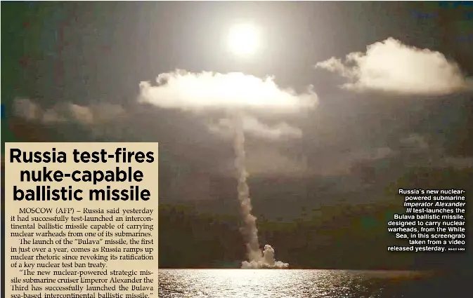 Russia test-fires nuke-capable ballistic missile - PressReader