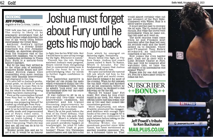 Joshua must forget about Fury until he gets his mojo back - PressReader