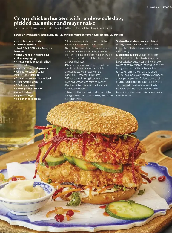 Crispy chicken burgers with rainbow coleslaw, pickled cucumber and mayonnaise - PressReader