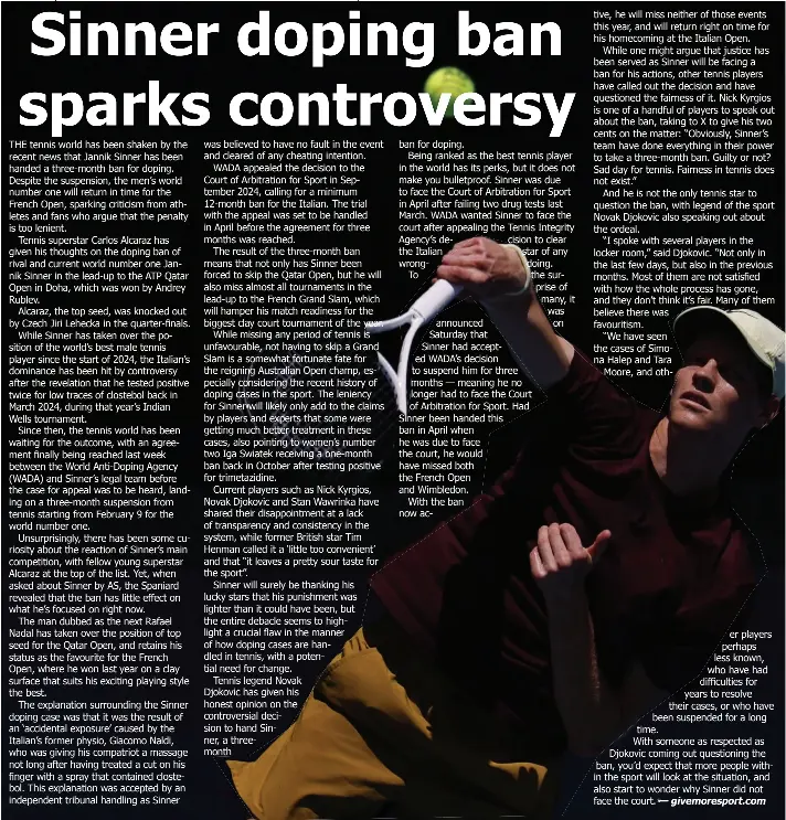 Sinner doping ban sparks controvers­y - PressReader