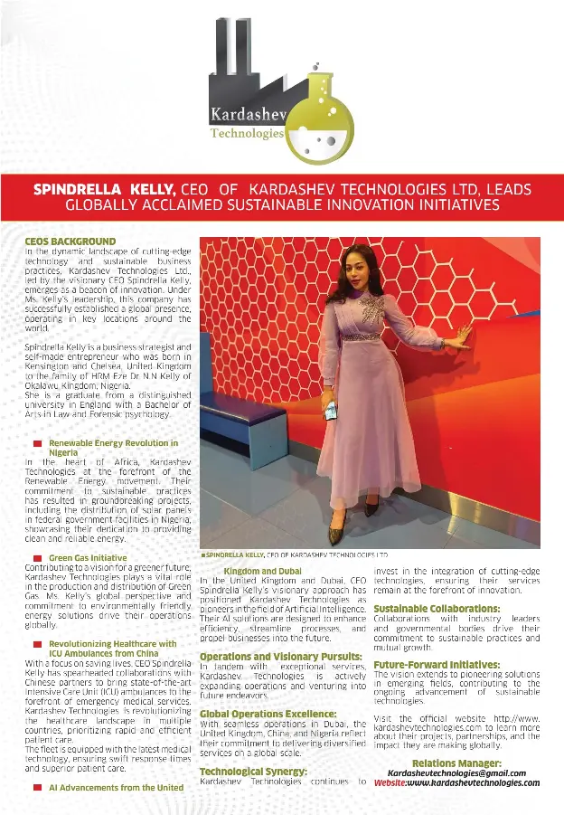 SPINDRELLA KELLY, CEO OF KARDASHEV TECHNOLOGI­ES LTD, LEADS GLOBALLY ACCLAIMED SUSTAINABL­E ...