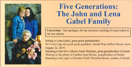 Five Generation­s: The John and Lena Gabel Family - PressReader