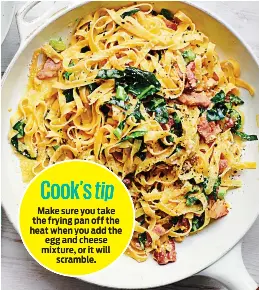 PASTA CARBONARA WITH PANCETTA AND SHREDDED SPRING GREENS - PressReader