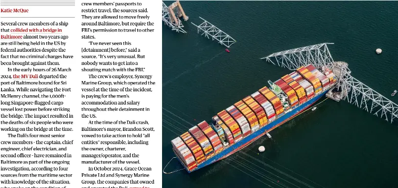 Baltimore bridge collapse: crew members from ship still held by US two ...