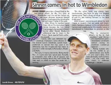 Sinner comes in hot to Wimbledon - PressReader