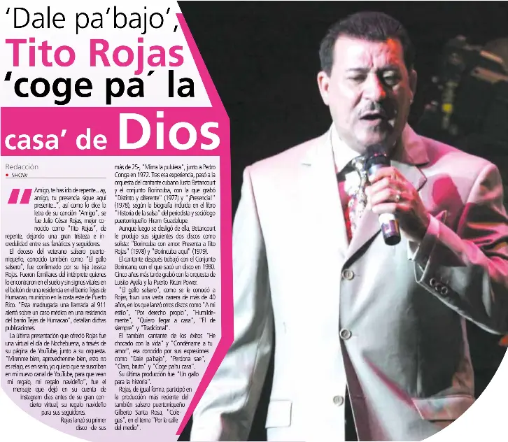 ‘Dale pa’bajo’, Tito Rojas ‘coge pa´ la casa’ de Dios - PressReader