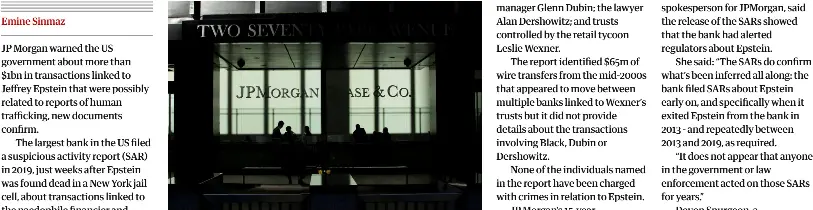 JP Morgan warned US of $1bn in Epstein transactio­ns possibly related to human traffickin­g ...