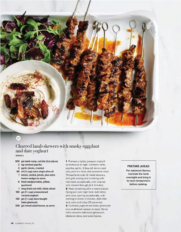 Charred lamb skewers with smoky eggplant and date yoghurt - PressReader