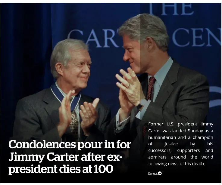 Condolence­s pour in for Jimmy Carter after expresiden­t dies at 100 - PressReader