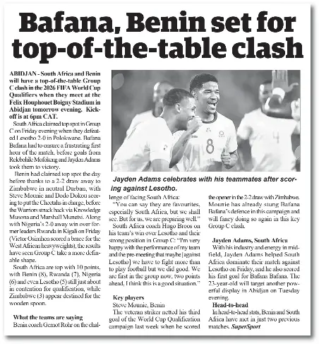 Bafana, Benin set for top-of-the-table clash - PressReader