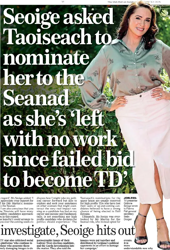 Seoige asked Taoiseach to nominate her to the Seanad as she’s ‘left ...