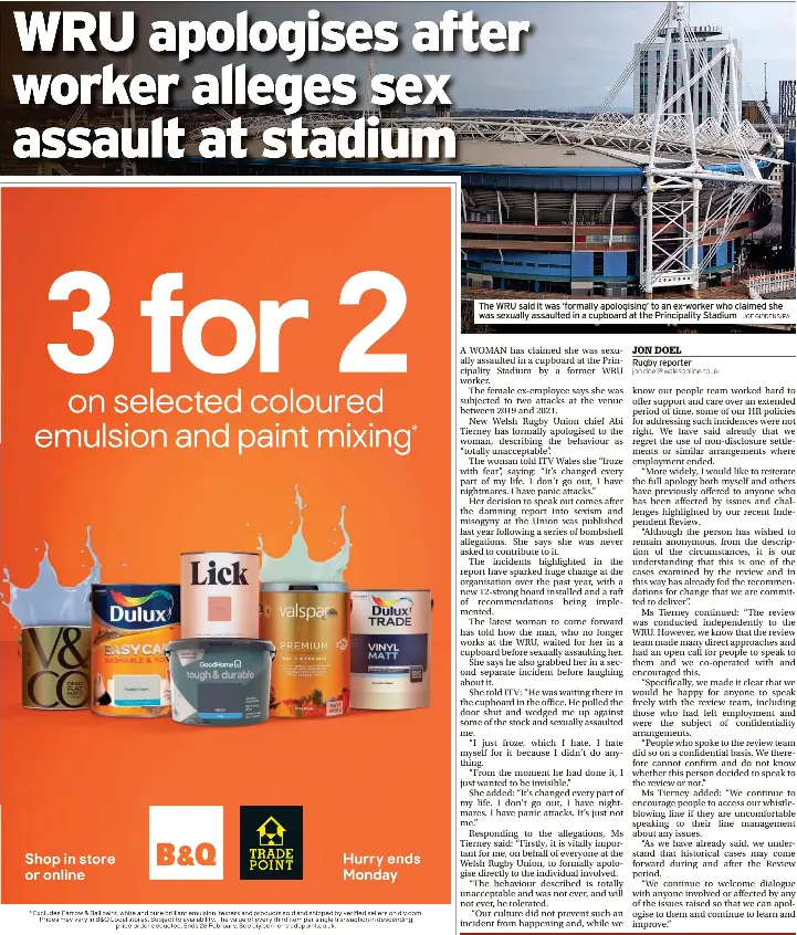 WRU apologises after worker alleges sex assault at stadium - PressReader
