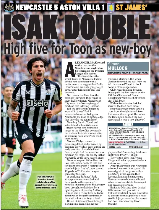 ISAK DOUBLE High five for Toon as new-boy SO SWEDE Tonali terrorises Villans - PressReader