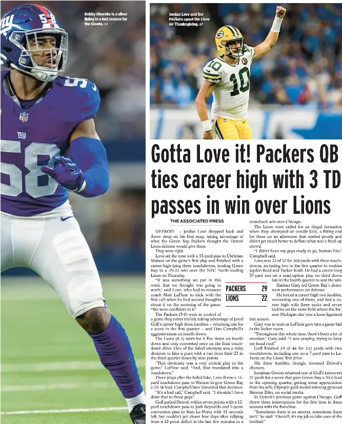 Gotta Love it! Packers QB ties career high with 3 TD passes in win over Lions - PressReader