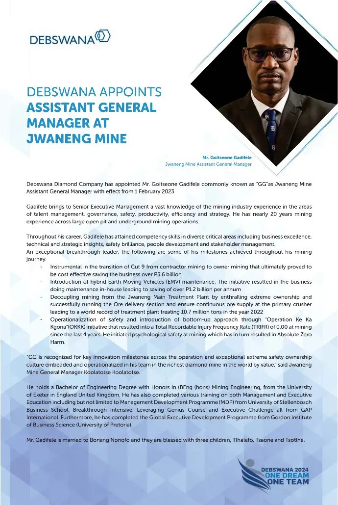 DEBSWANA APPOINTS ASSISTANT GENERAL MANAGER AT JWANENG MINE - PressReader