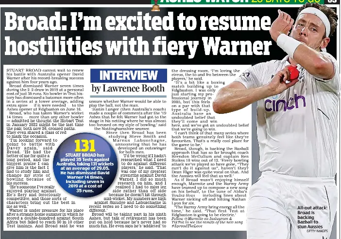 Broad: I’m excited to resume hostilitie­s with fiery Warner - PressReader
