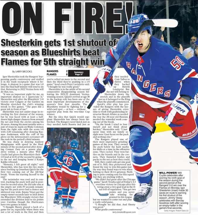 ON FIRE! Shesterkin gets 1st shutout of season as blueshirts beat Flames for 5th straight win ...