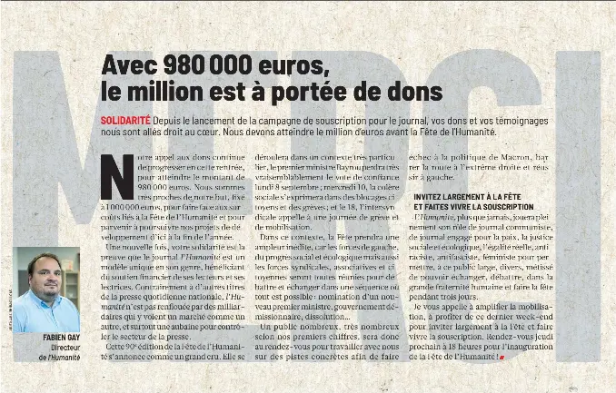 Avec 980 000 euros, le million est à portée de dons - PressReader