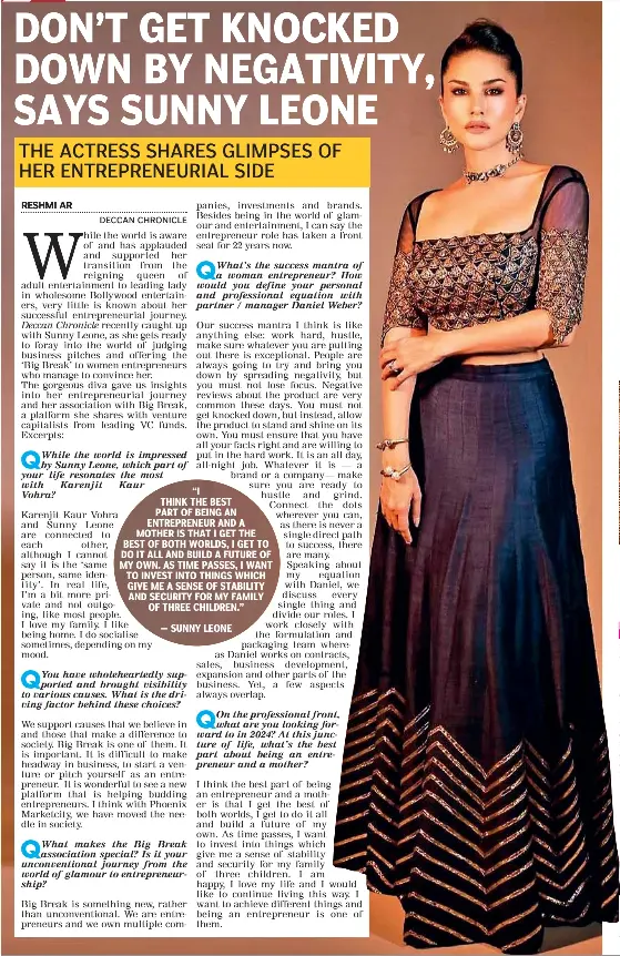DON’T GET KNOCKED DOWN BY NEGATIVITY, SAYS SUNNY LEONE - PressReader