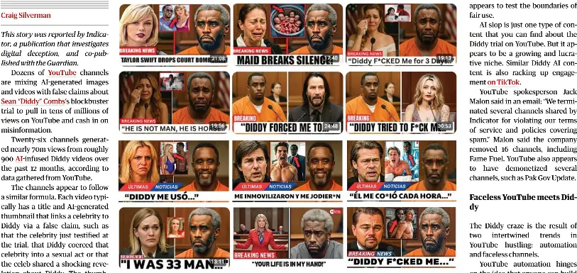 Fake, AI-generated videos about the Diddy trial are raking in millions of views on YouTube ...