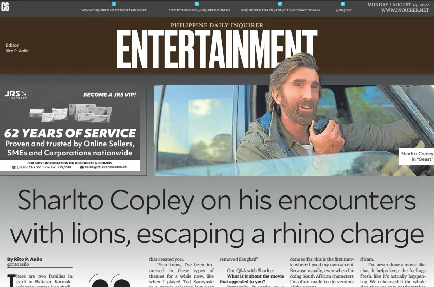 Sharlto Copley on his encounters with lions, escaping a rhino charge - PressReader