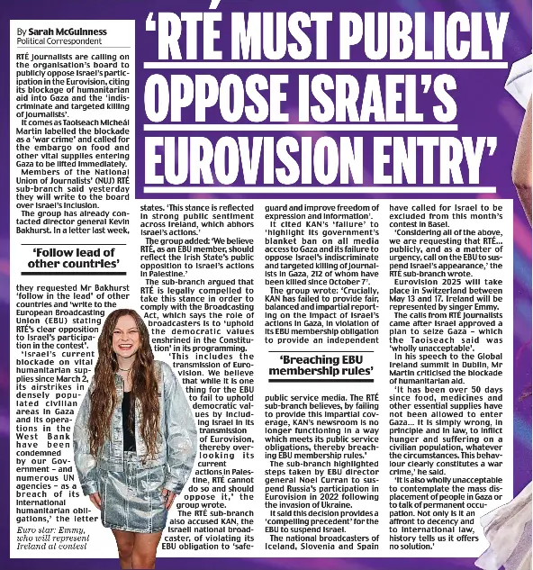 ‘RTÉ MUST PUBLICLY OPPOSE ISRAEL’S EUROVISION ENTRY’ - PressReader